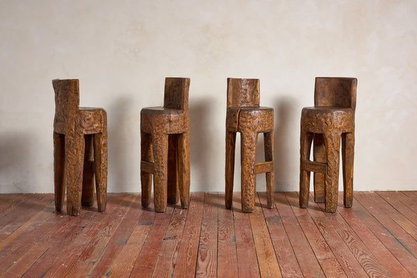 French Brutalist Carved Bar Stools - Set of 4 - Orange Furniture Los ...
